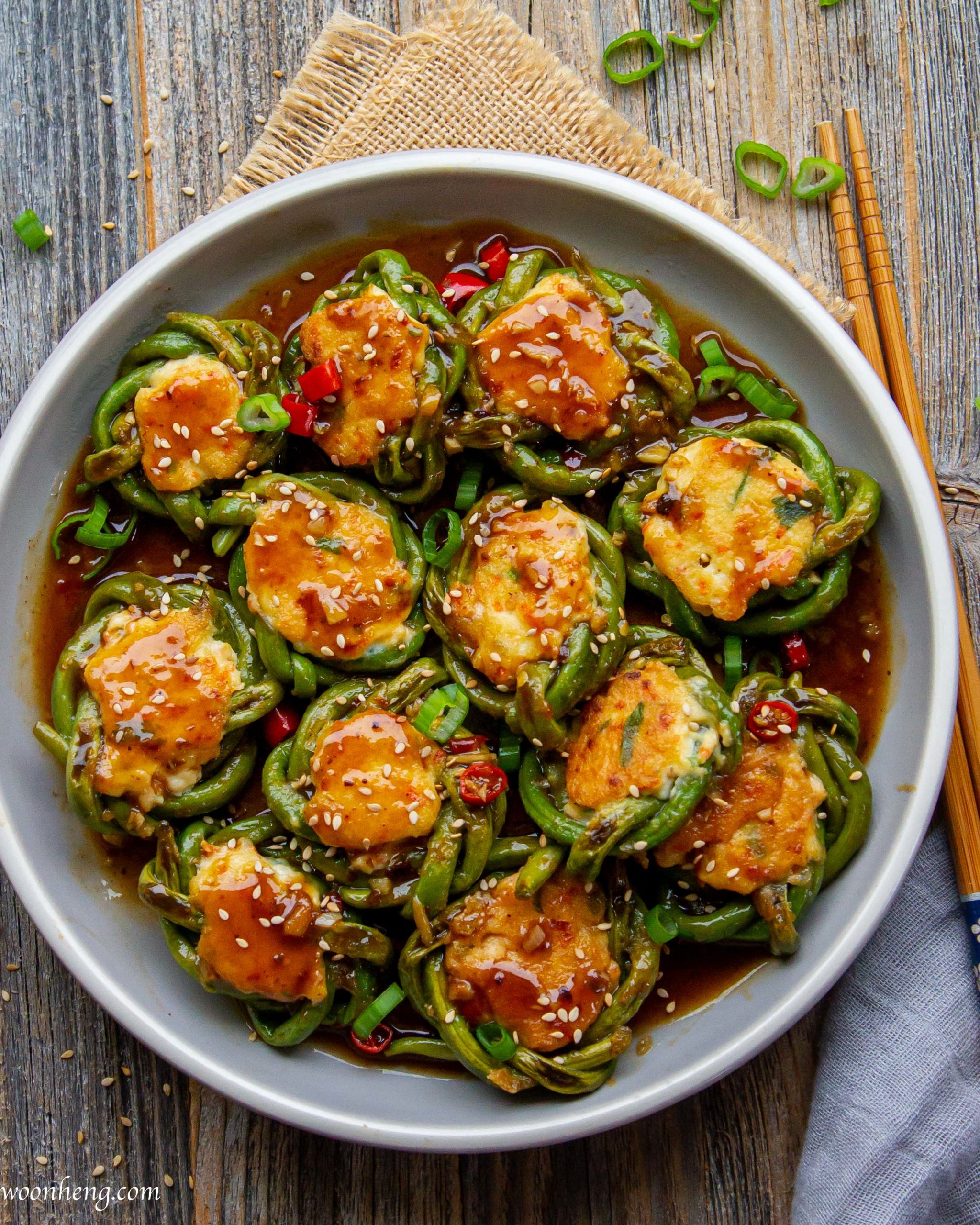 Make this Stuffed Long Bean with a spicy gravy today - WoonHeng